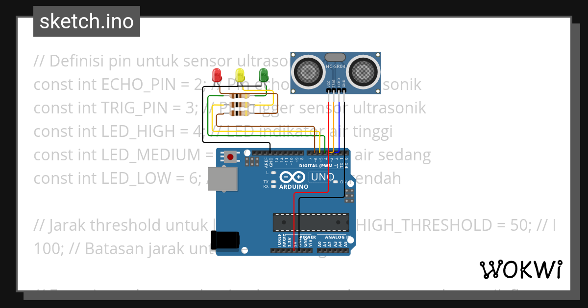 Ultrasonik+LED Ketinggian Air Copy - Wokwi ESP32, STM32, Arduino Simulator