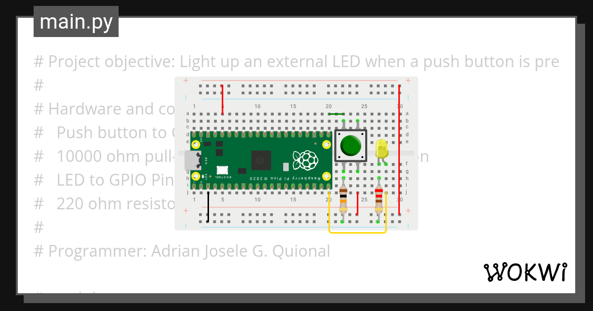 Raspberry Pi Pico Push Button and LED Copy - Wokwi ESP32, STM32, Arduino Simulator