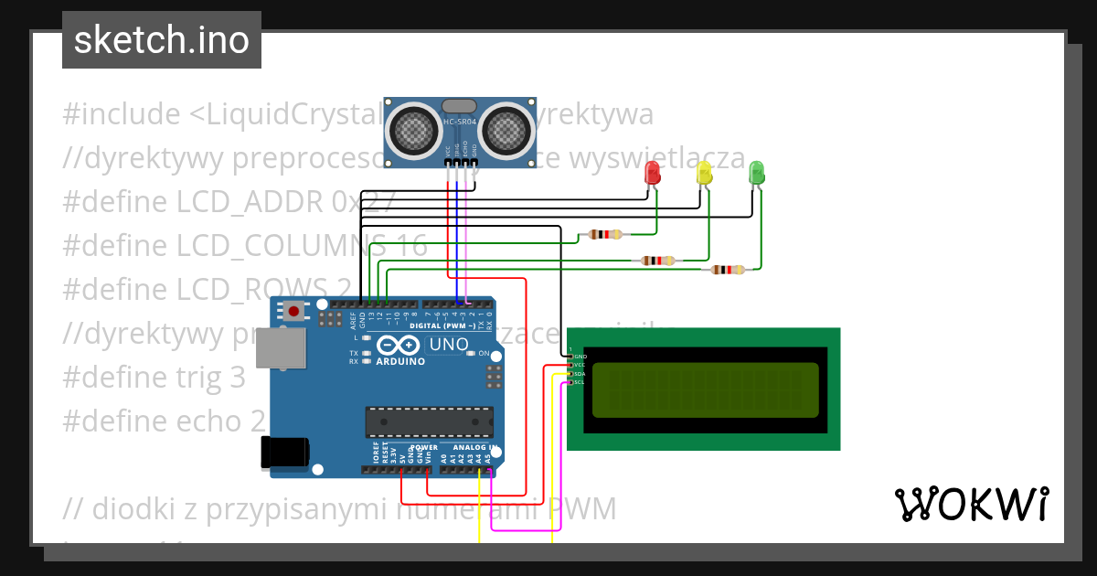 Sensor (Distance) + Diods + display + serial port - Wokwi ESP32, STM32, Arduino Simulator