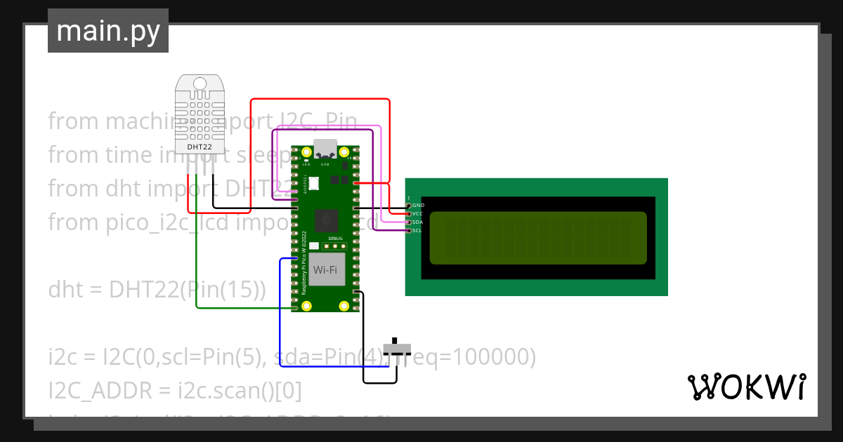 Raspberry Pi Pico DHT22 with LCD Copy - Wokwi ESP32, STM32, Arduino Simulator