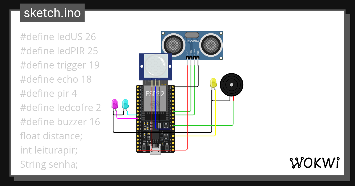 DSI: Projeto 1 - US, PIR e senha Copy - Wokwi ESP32, STM32, Arduino Simulator