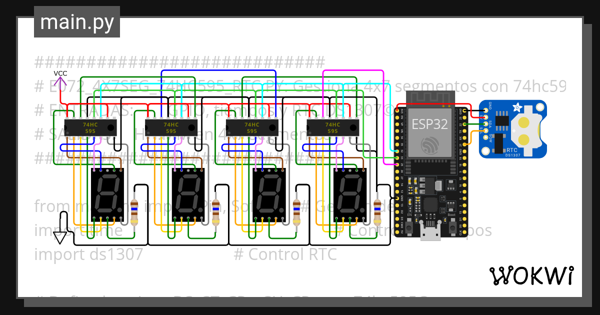 e072_4x7seg_74hc595_rtc.py - Wokwi ESP32, STM32, Arduino Simulator