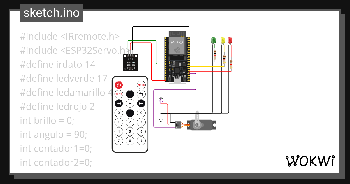 control de leds y servo IR control - Wokwi ESP32, STM32, Arduino Simulator