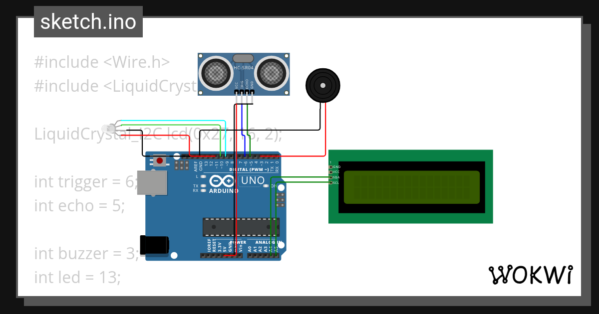 2b24_ultrasonic buzzer led lcd - Wokwi ESP32, STM32, Arduino Simulator