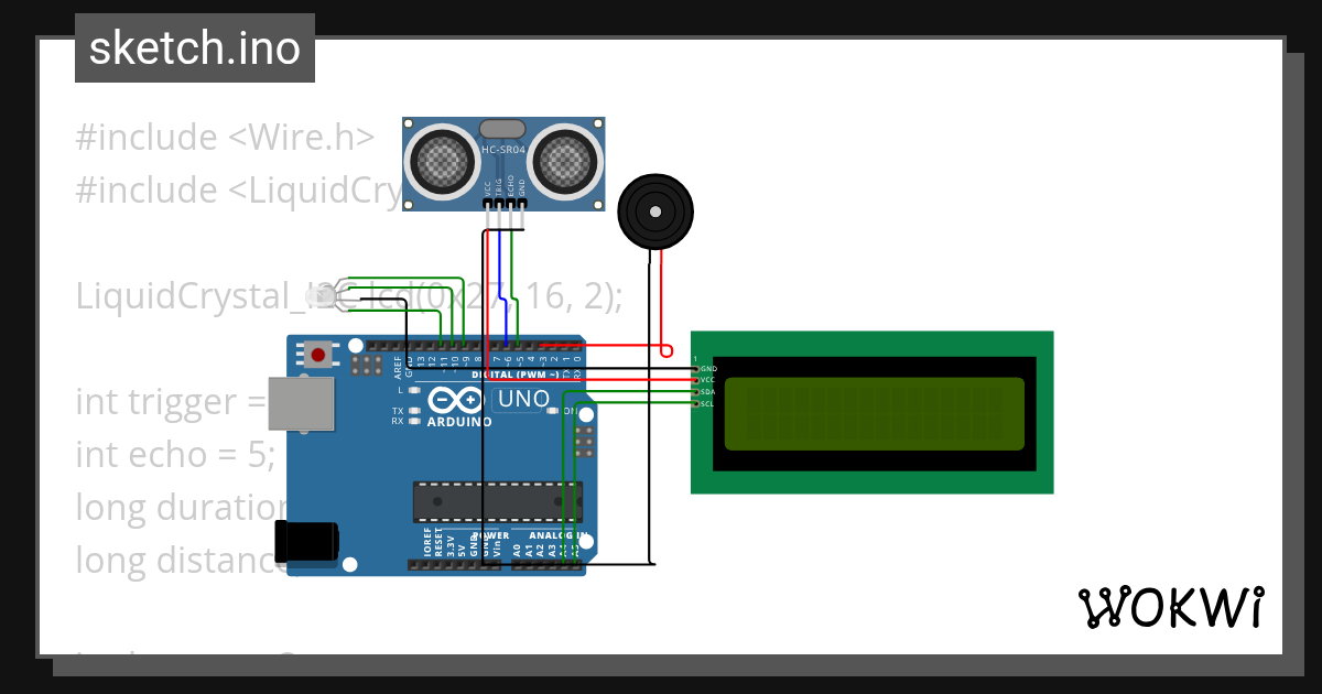 2B06-ultrasonic buzzer led lcd - Wokwi ESP32, STM32, Arduino Simulator