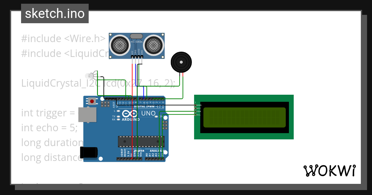2B17-ultrasonic buzzer led lcd Copy - Wokwi ESP32, STM32, Arduino Simulator