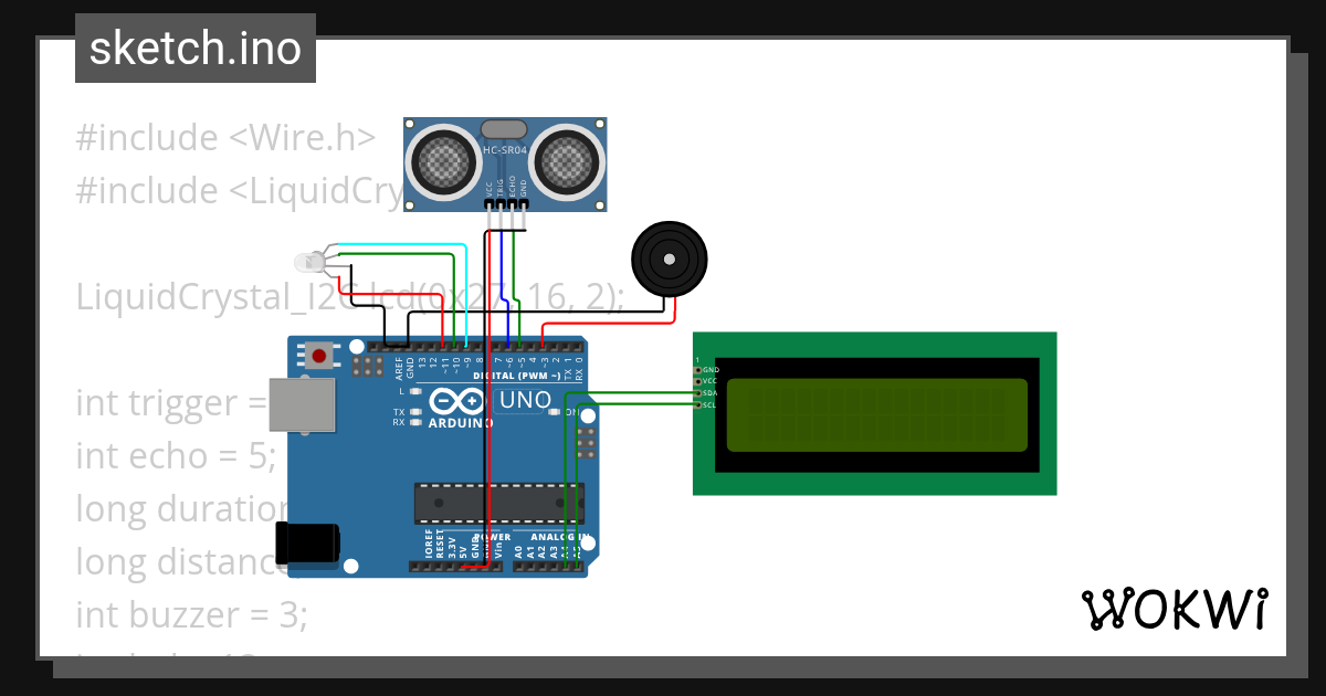 2B11-ultrasonic buzzer led lcd Copy - Wokwi ESP32, STM32, Arduino Simulator