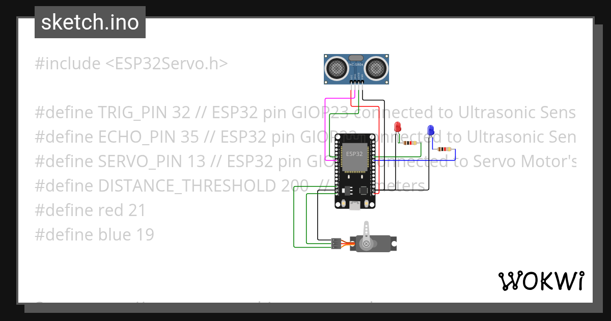 ETK-Ultrasonic with led n servo - Wokwi ESP32, STM32, Arduino Simulator