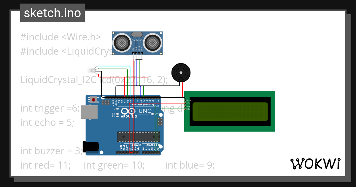 3C17-ultrasonic buzzer led lcd Copy - Wokwi ESP32, STM32, Arduino Simulator