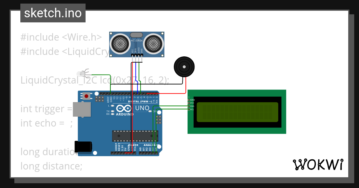 3c19-ultrasonic buzzer led lcd - Wokwi ESP32, STM32, Arduino Simulator