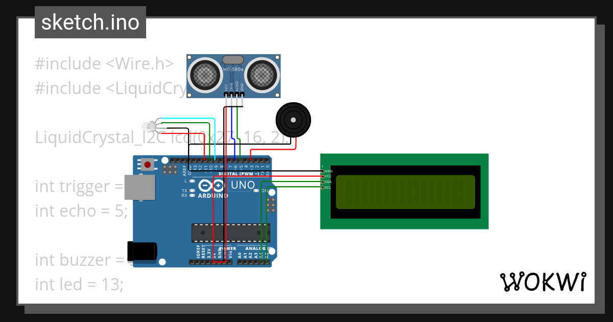 2d06-ultrasonic buzzer led lcd - Wokwi ESP32, STM32, Arduino Simulator