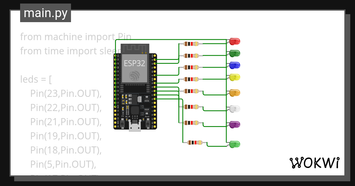 8 leds ASP32 - Wokwi ESP32, STM32, Arduino Simulator