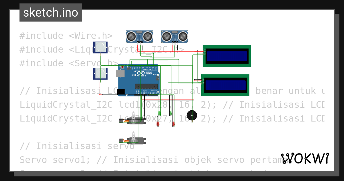 Tes 2 Lcd 2 Servo 2 Sensor Ultrasonik 2 Sensor Pir Oke Wokwi Esp32 Stm32 Arduino Simulator
