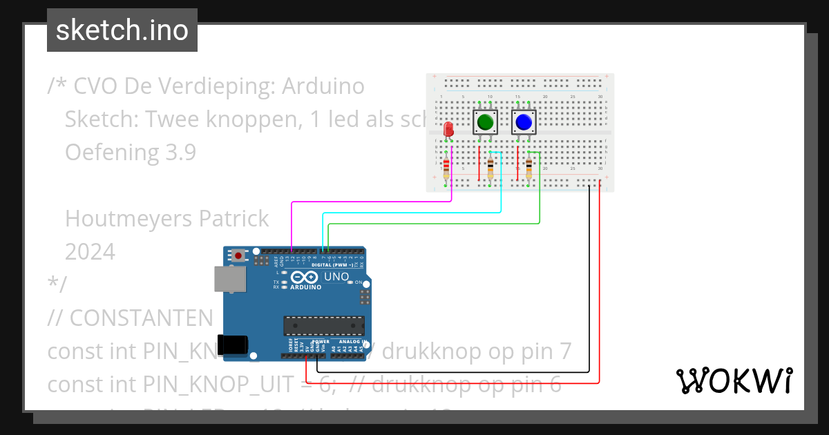 Oef. 3.9 Knoppen schakelaar. 2 Drukknoppen 1 Led - Wokwi ESP32, STM32, Arduino Simulator