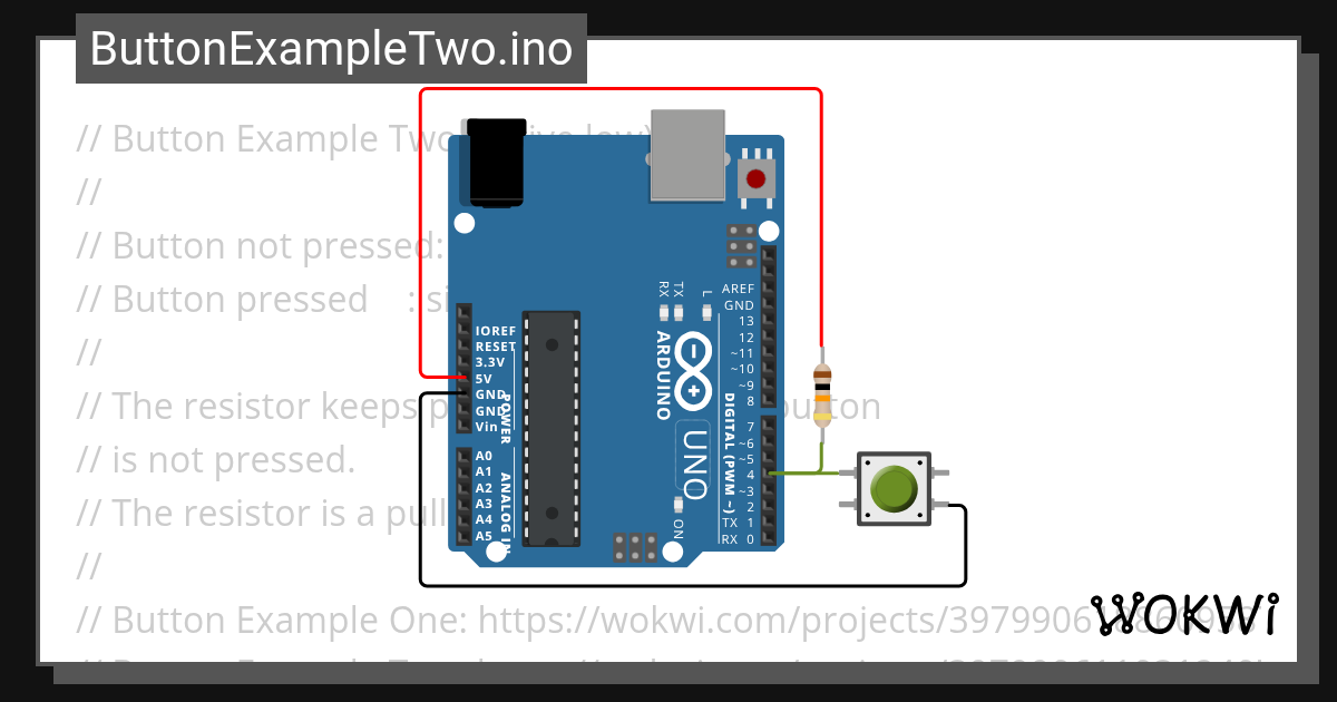 Button Example Two (active low) - Wokwi ESP32, STM32, Arduino Simulator