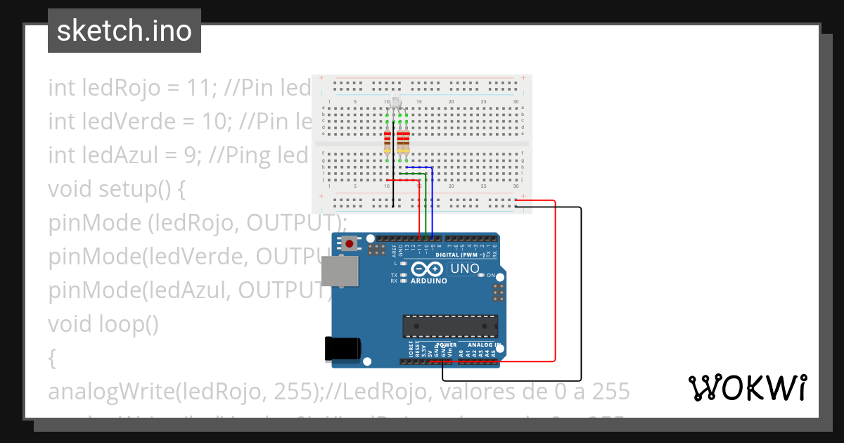 PRACTICA 3 ENCENDER LED RGB A TRAVÉS DE SALIDAS PWM - Wokwi ESP32, STM32, Arduino Simulator