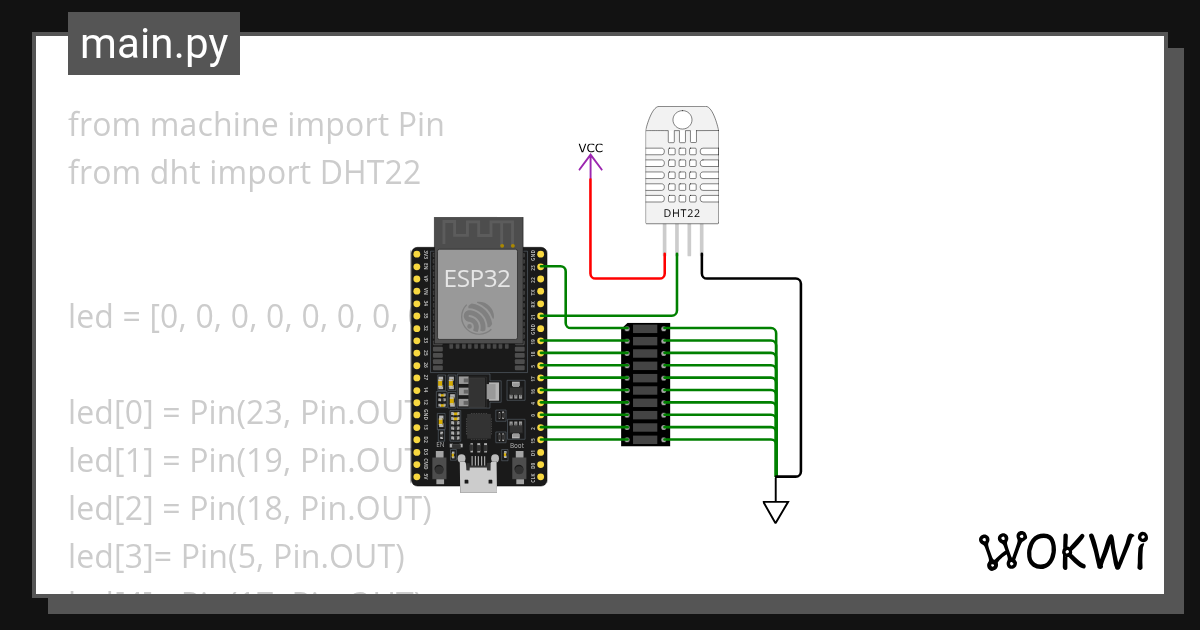 dht_sensor_led_bar.py - Wokwi ESP32, STM32, Arduino Simulator