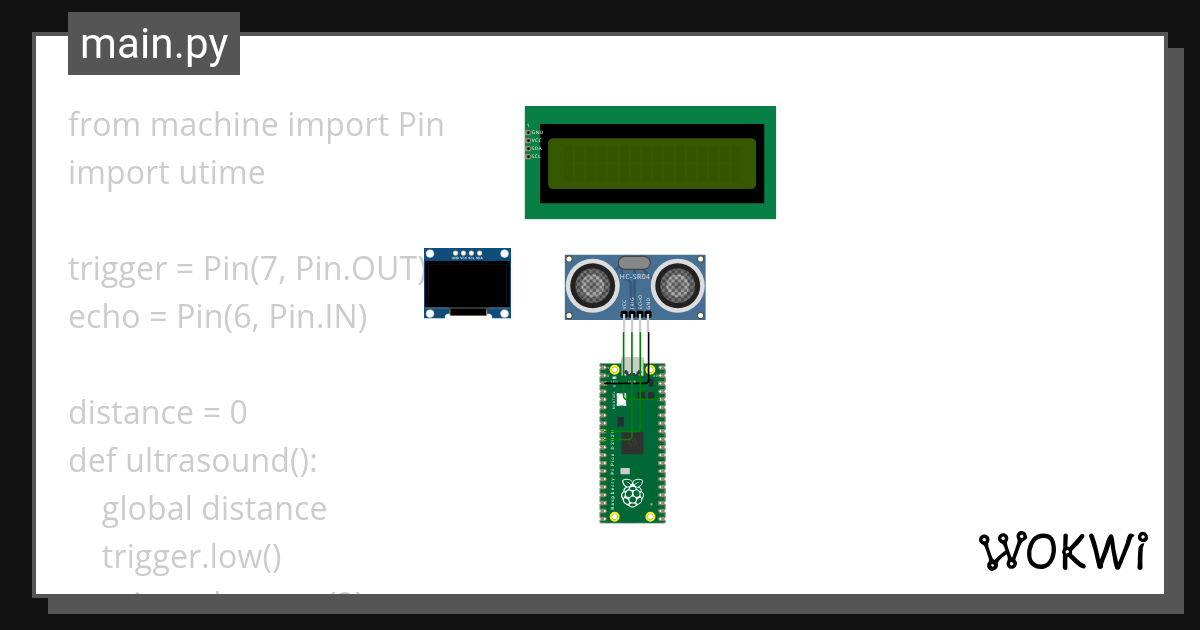 W9 Pi Pico with Ultrasonic MicroPython Copy - Wokwi ESP32, STM32, Arduino Simulator
