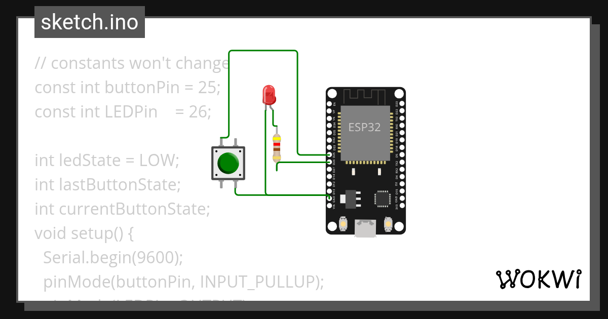 b.push button led blink esp32 - Wokwi ESP32, STM32, Arduino Simulator
