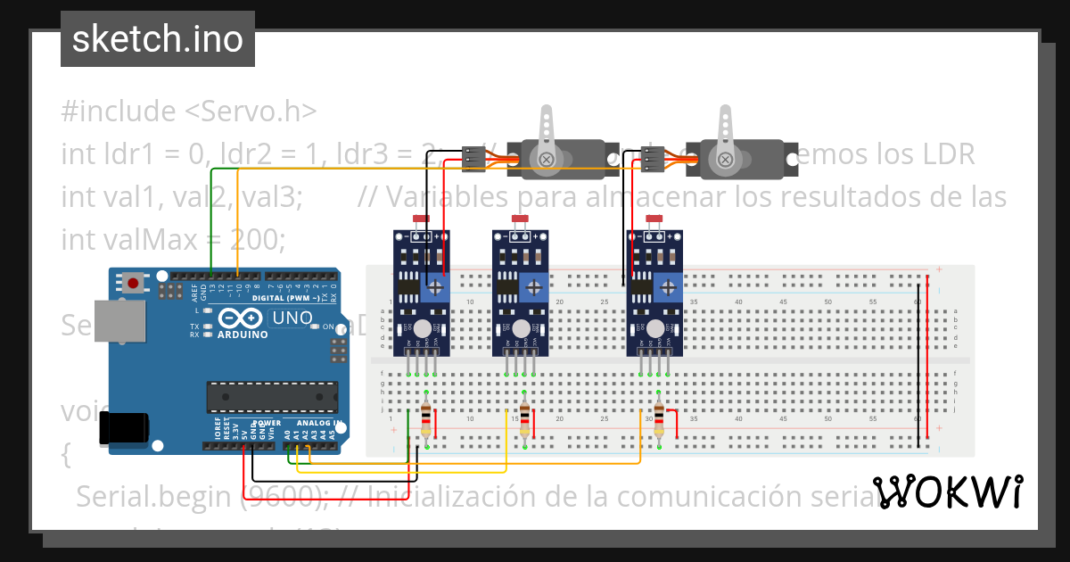 Fotoresistencias con servomotores - Wokwi ESP32, STM32, Arduino Simulator