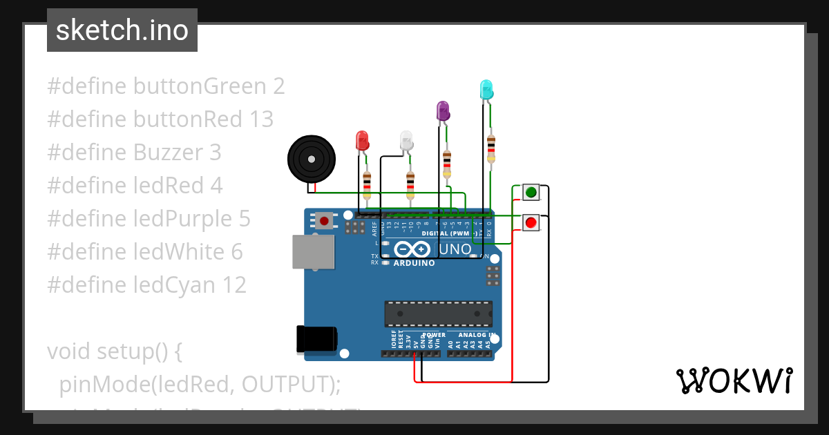 3 LED + Buzzer On off - Wokwi ESP32, STM32, Arduino Simulator