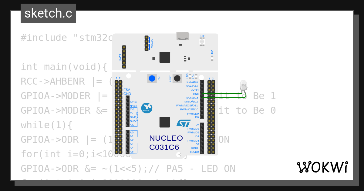 Blinking Led Using Stm32 Nucleo64 C031c6 Wokwi Esp32 Stm32 Arduino Simulator