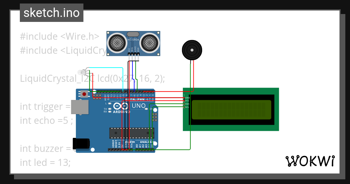 3d22-ultrasonic buzzer led lcd Copy (3) - Wokwi ESP32, STM32, Arduino Simulator