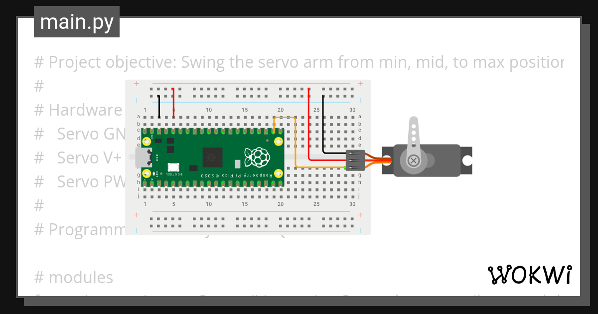 Raspberry Pi Pico Servo Min, Mid, and Max (picozero) Copy - Wokwi ESP32, STM32, Arduino Simulator