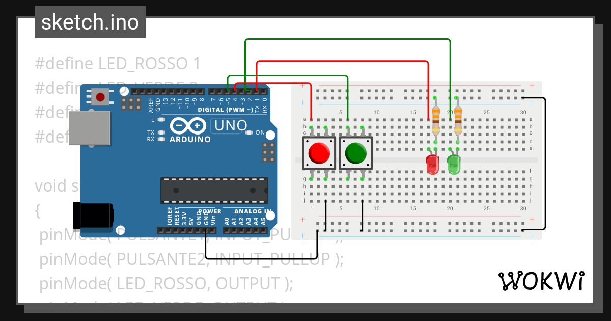 2 pulsanti e 2 led: prodotto - Wokwi ESP32, STM32, Arduino Simulator