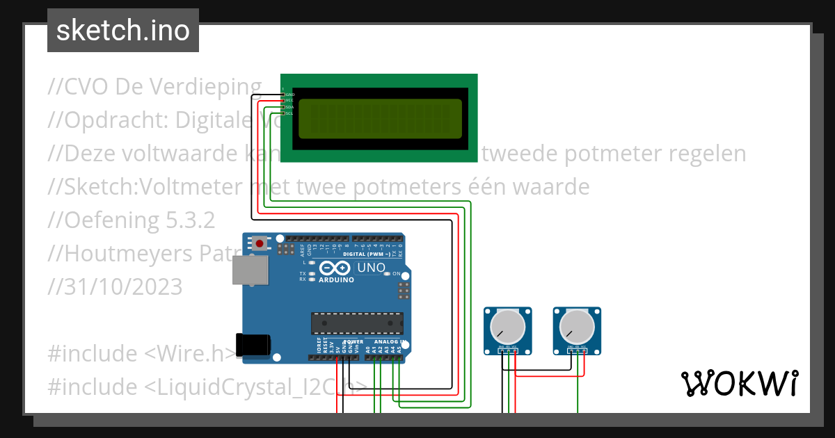 Oef. 5.3.2 lcd_voltmeter met twee potmeters één waarde - Wokwi ESP32, STM32, Arduino Simulator