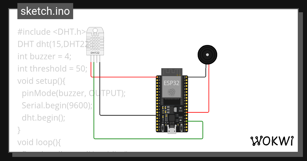 Integrate DHT22 with buzzzer - Wokwi ESP32, STM32, Arduino Simulator