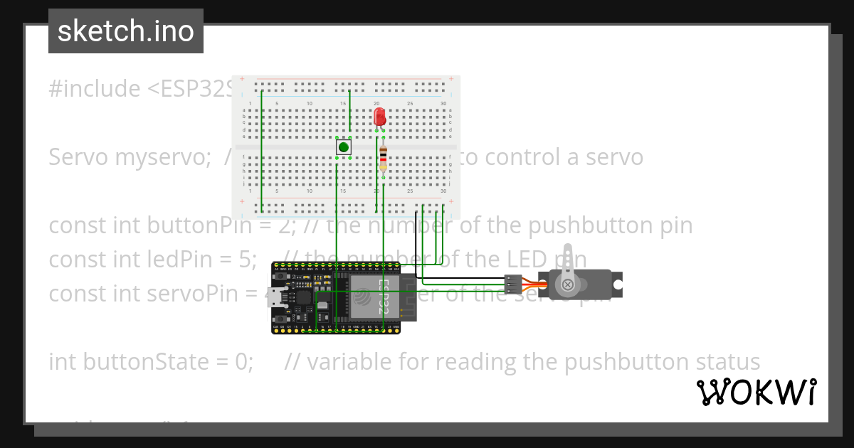 Servo + led + push button Copy - Wokwi ESP32, STM32, Arduino Simulator
