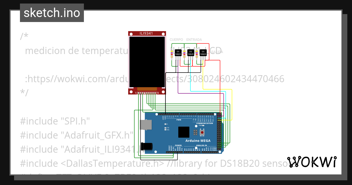 ili9341 mega +ds18b20*3 - Wokwi ESP32, STM32, Arduino Simulator