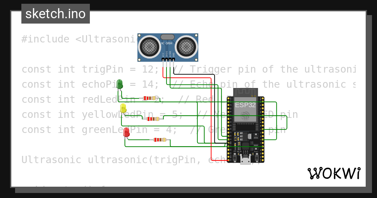 Ultrasonic With 3 Led Wokwi Esp32 Stm32 Arduino Simulator 8693