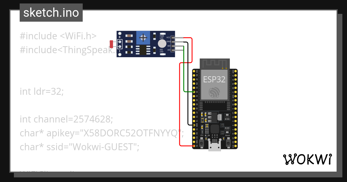 printing ldr sensor values in thingspeak - Wokwi ESP32, STM32, Arduino Simulator