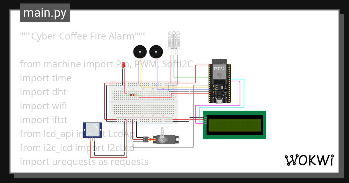Smart Cyber Coffee - fire alarm + door automatic 1 - Wokwi ESP32, STM32, Arduino Simulator