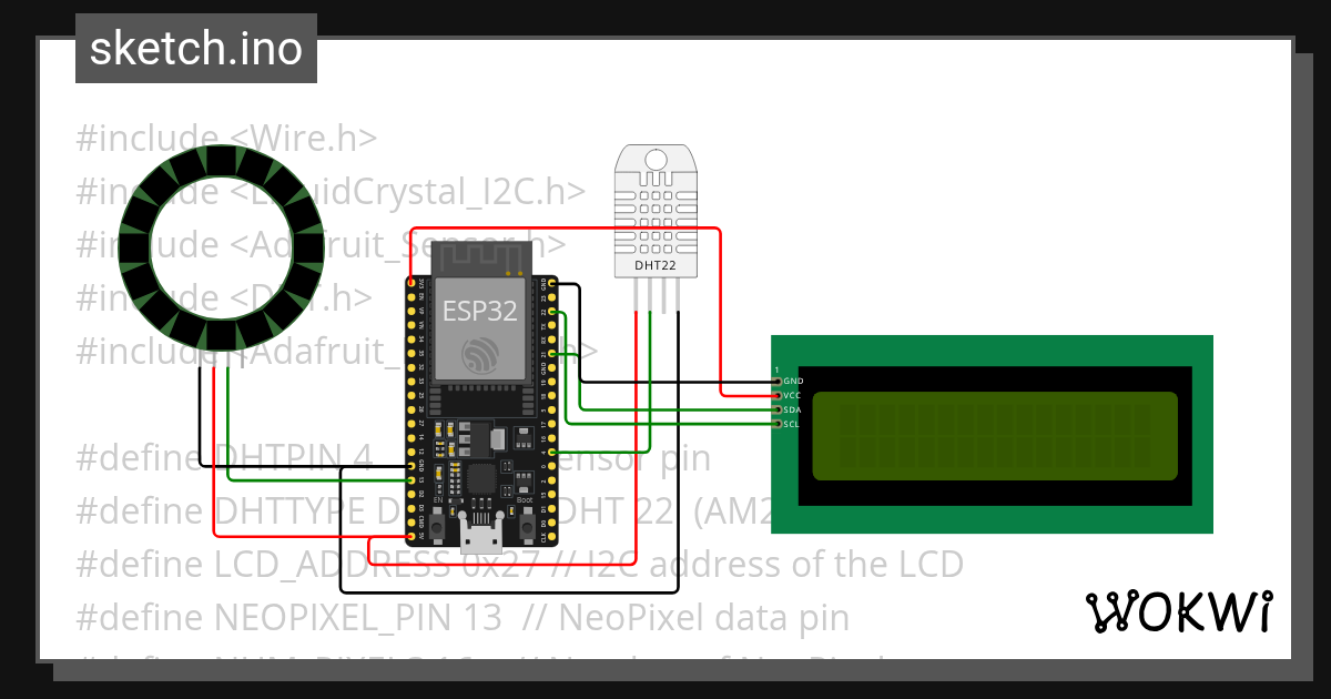 幫我用esp32寫出溫度跟濕度感測器程式 Lcd顯示溫溼度,以及多新增16色的彩色循環燈 Wokwi Esp32 Stm32 6759