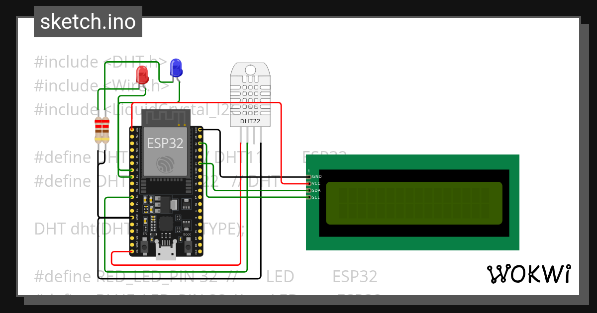 用esp32寫出溫度跟濕度感測器程式當溫度大於35度目濕度 大於60時紅色led亮否則綠色led亮 Lcd顯示溫溼度 Copy 2 Wokwi Esp32 Stm32 