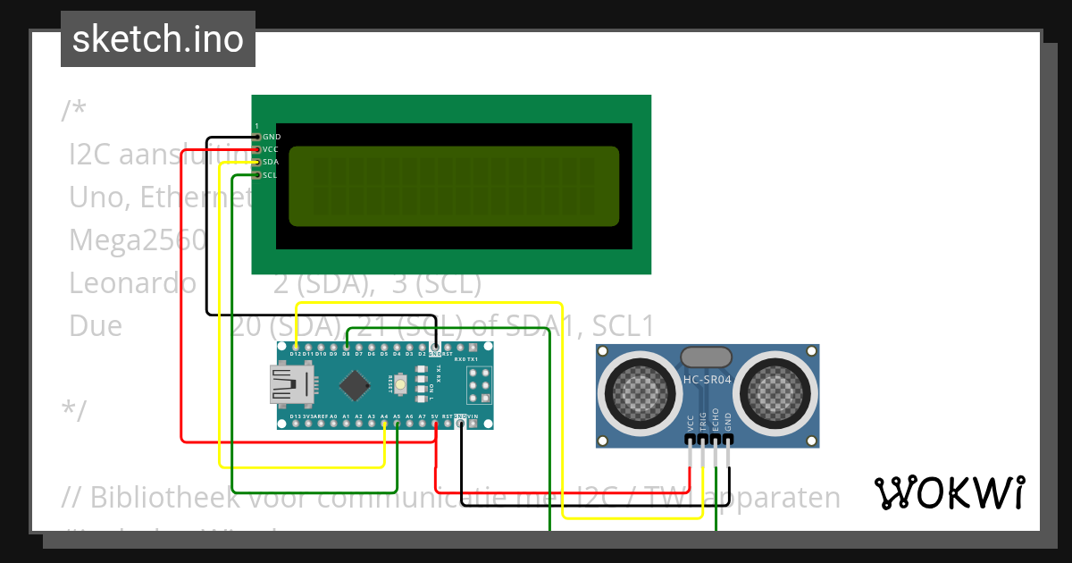 06_LCD met I2C met ultrasoon - Wokwi ESP32, STM32, Arduino Simulator