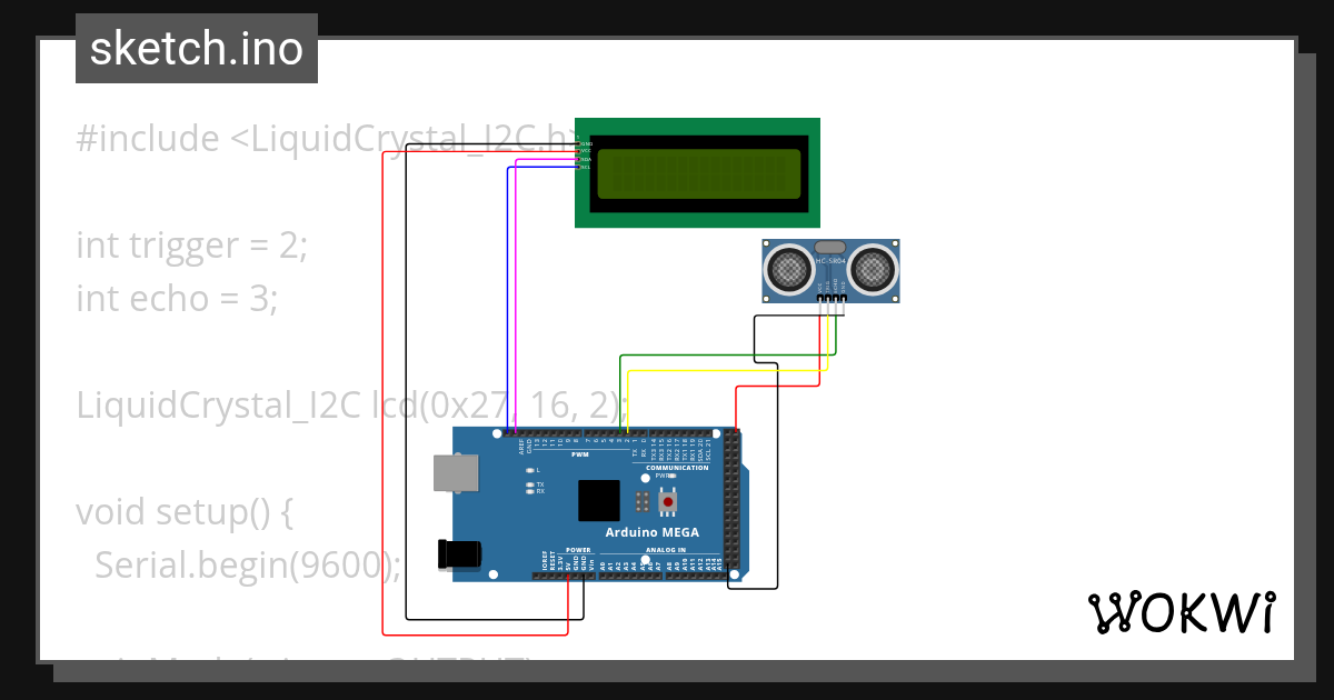 Arduino MEGA + LCD + UTRASONIDO - Wokwi ESP32, STM32, Arduino Simulator