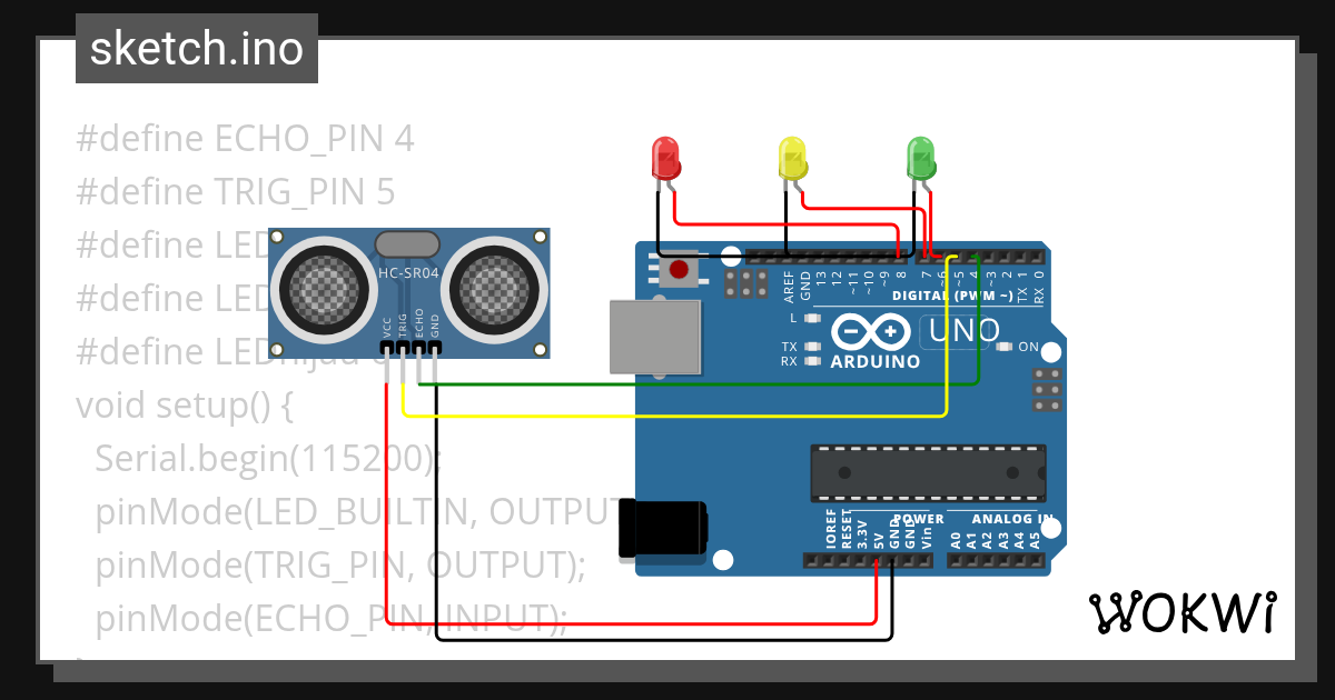Praktik Arduino, HC-SR04 dan LED - Wokwi ESP32, STM32, Arduino Simulator