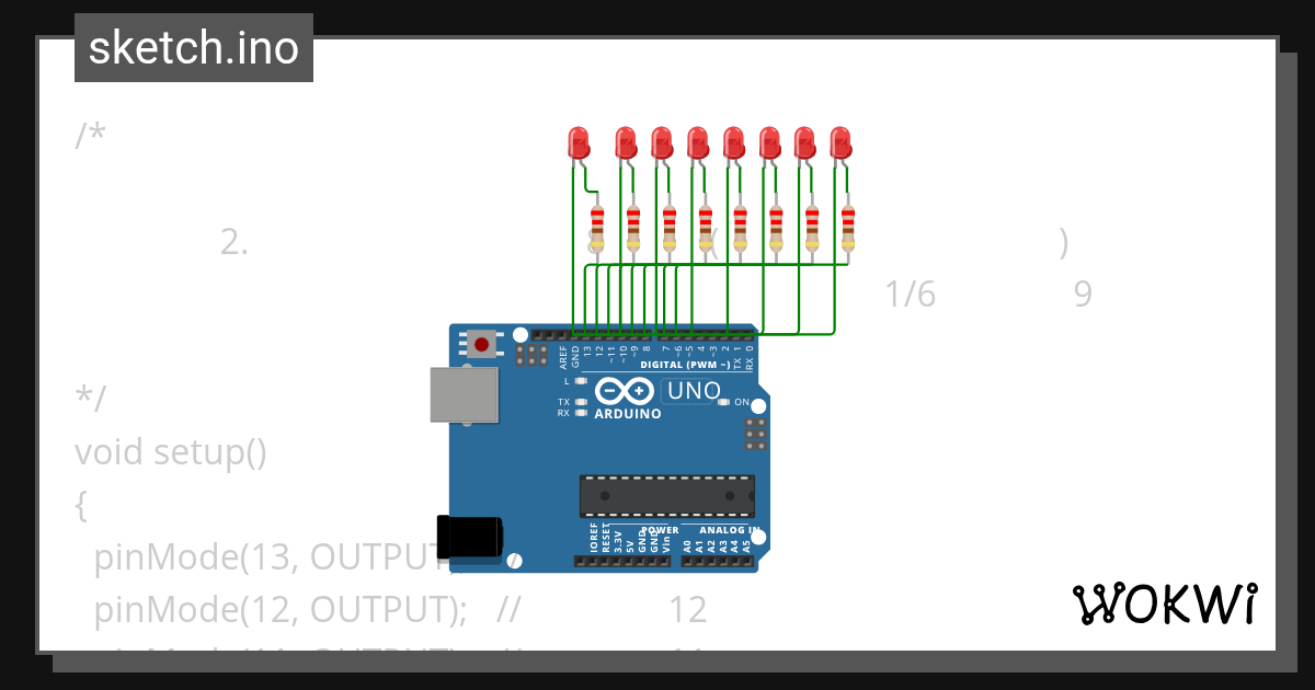 ข้อที่2โปรแกรมไฟวิ่ง 8 หลอด Wokwi Esp32 Stm32 Arduino Simulator 0786