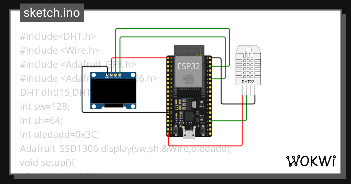 print dht22 values to oled sensor - Wokwi ESP32, STM32, Arduino Simulator