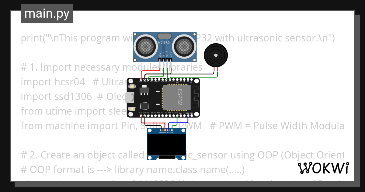 iotweek6 Ultrasonic + OLED + Buzzer Copy - Wokwi ESP32, STM32, Arduino Simulator