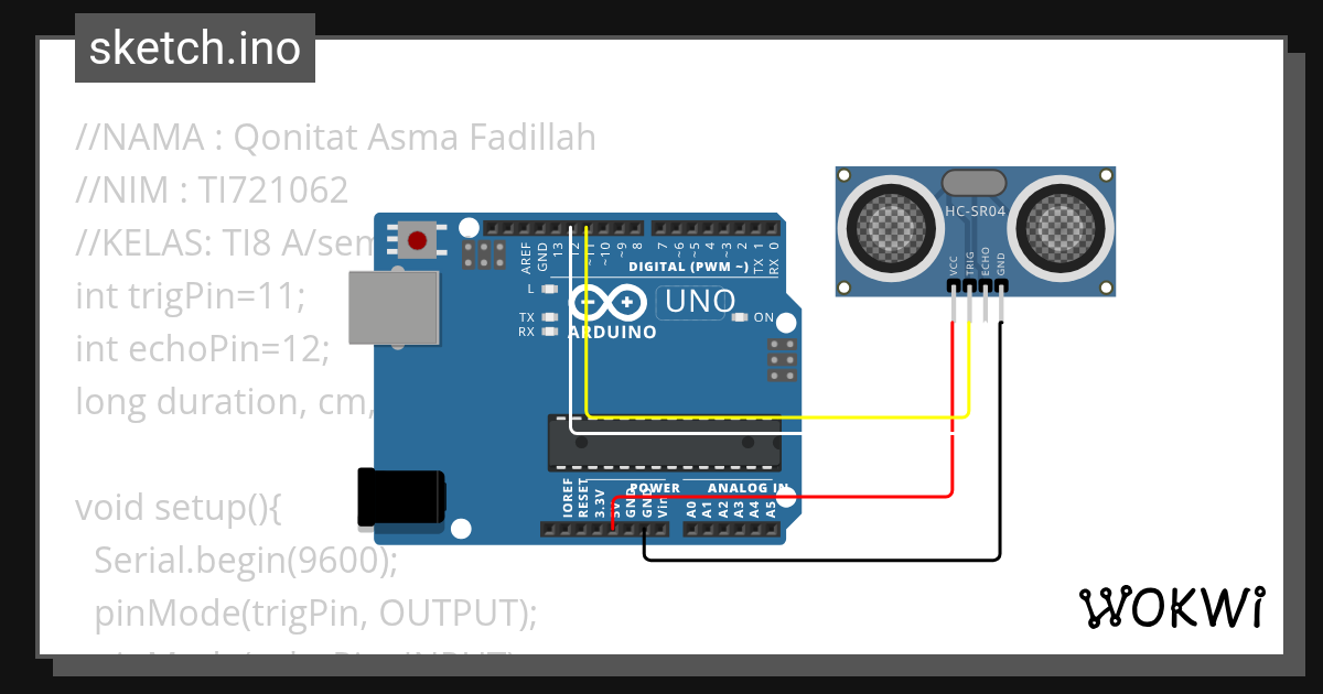 Ultrasonic-Reading distance Qonitat (TI721062) - Wokwi ESP32, STM32, Arduino Simulator
