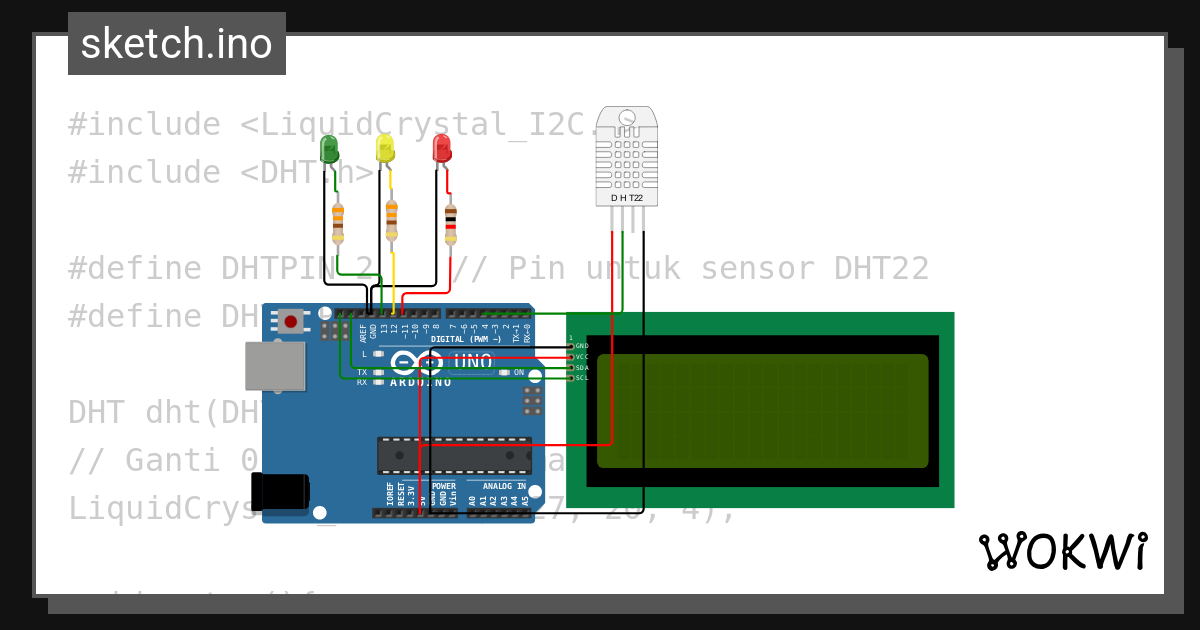 Arduino Sensor Suhu Dan Kelembaban Dht22 Dengan Tiga Led Dan Lcd Wokwi Esp32 Stm32 Arduino