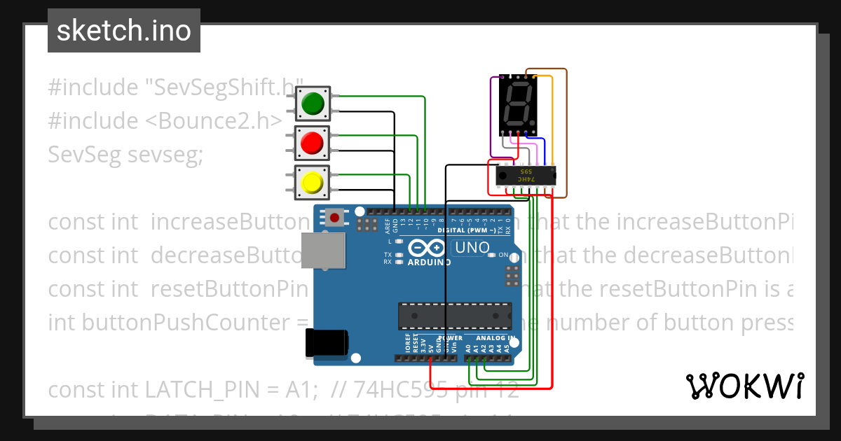 Button Resistor 7-segment 74HC595 Bounce2 Copy (2) - Wokwi ESP32, STM32, Arduino Simulator