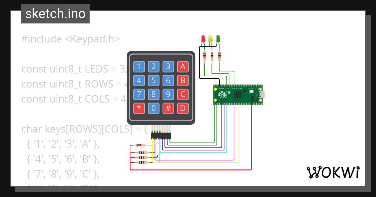 Keypad 3leds - Wokwi ESP32, STM32, Arduino Simulator
