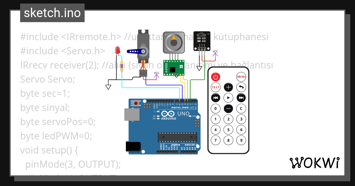 IR (uzaktan kumanda tuşları ile led, step ve servo kontrolü - Wokwi ESP32, STM32, Arduino Simulator