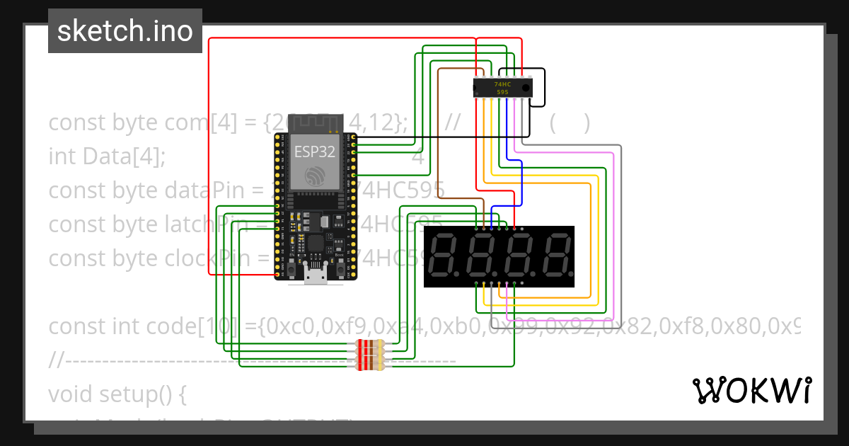 Esp32控制四位數七段 使用74595 Wokwi Esp32 Stm32 Arduino Simulator